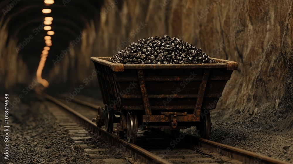 Coal cart loaded with black coal inside an underground mining tunnel ...