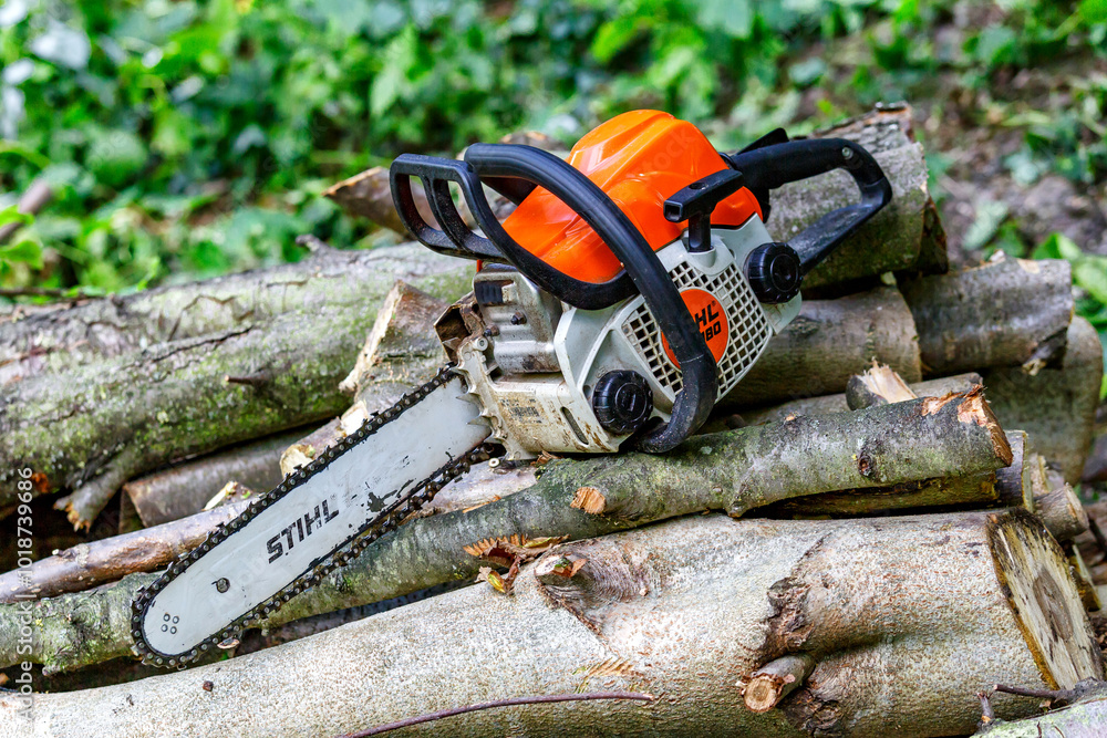 Ukraine Kiev July 24, 2024.Stihl chainsaw in Kiev. Stihl is a German ...