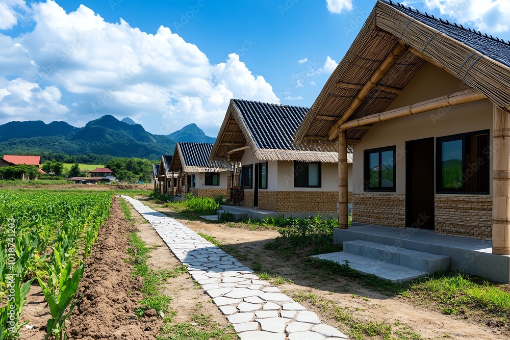 Realistic depiction of a rural village with homes built from ...