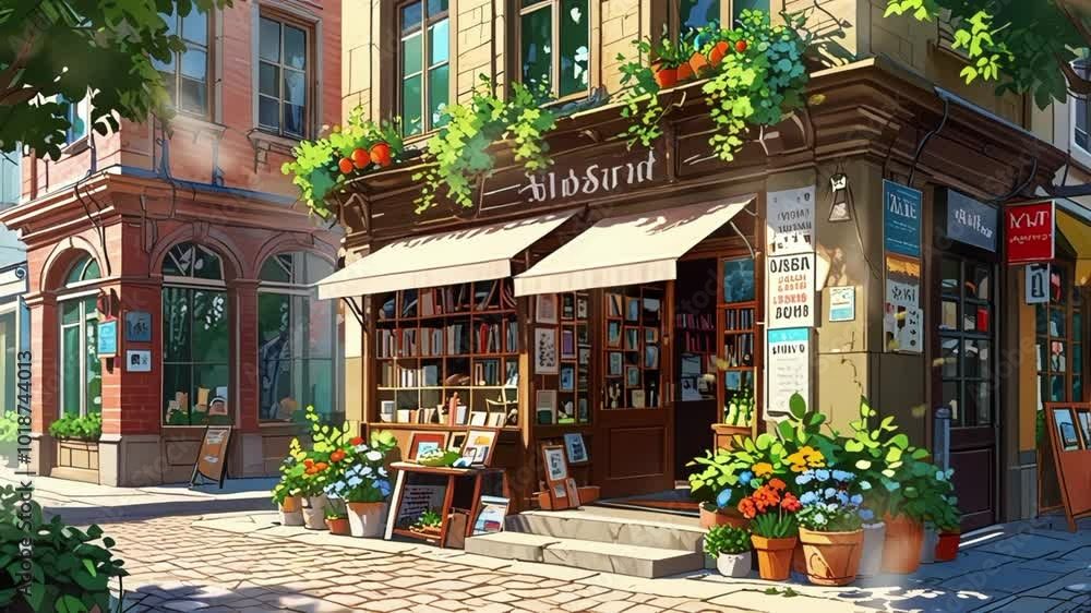 roadside bookstore, in anime or cartoon style. seamless looping 4k ...