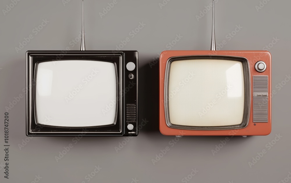 Classic vintage TV sets from the 70s with antennas, one screen empty ...