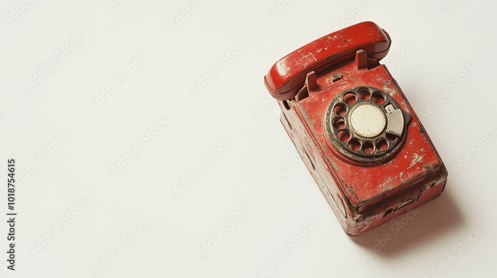 A vintage red telephone lies on its side against a pure white backdrop ...