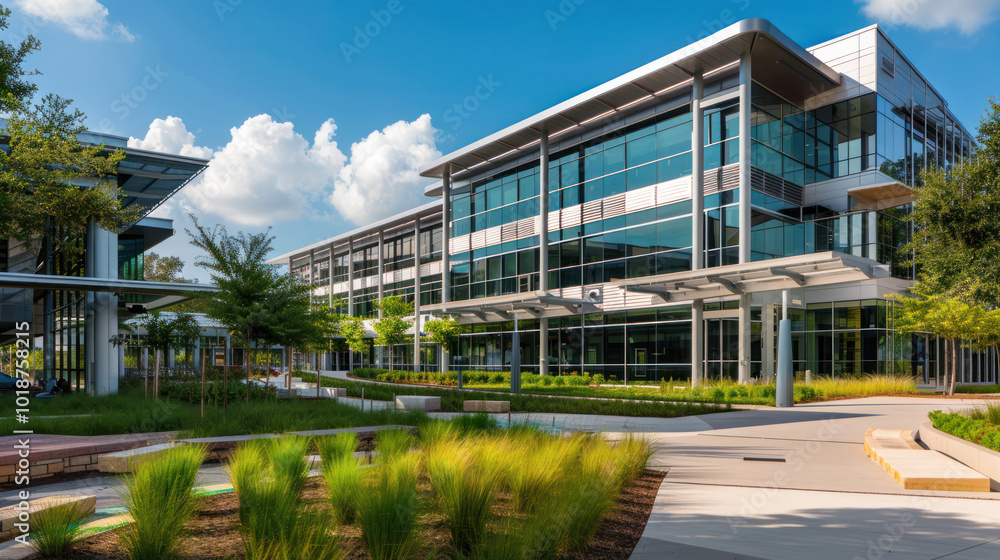 A modern office complex designed to meet green building standards ...