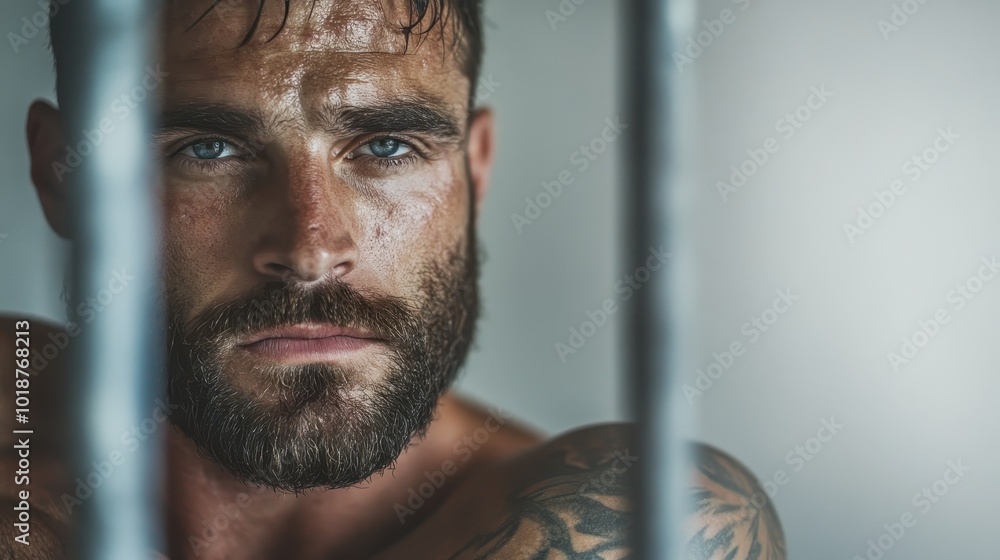A powerful and gritty portrait of a man with piercing blue eyes and ...