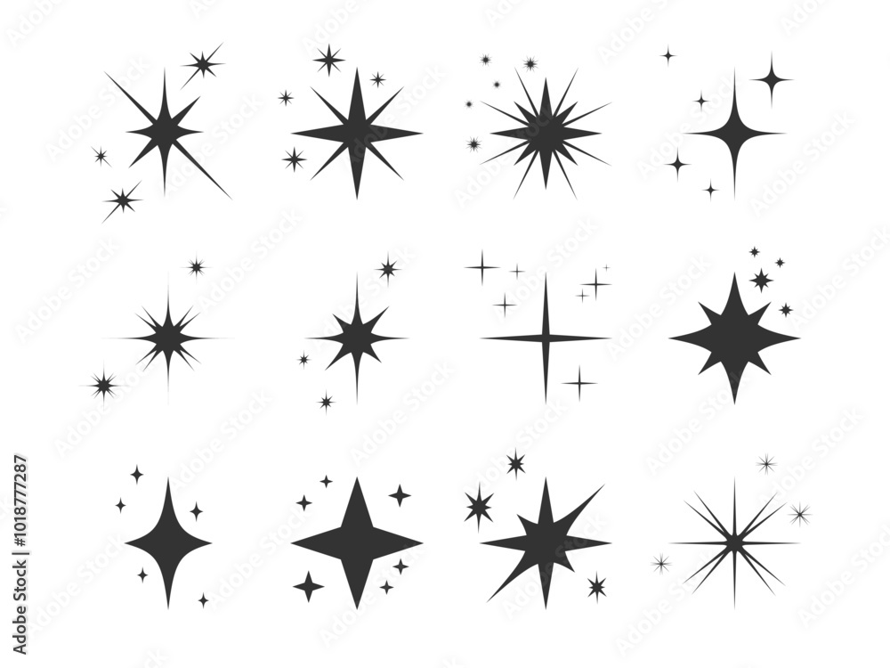 Shine Sparkle icon Collection. Bright Spark Shining. Blinking Stars. Twinkle star shape. Magic ...