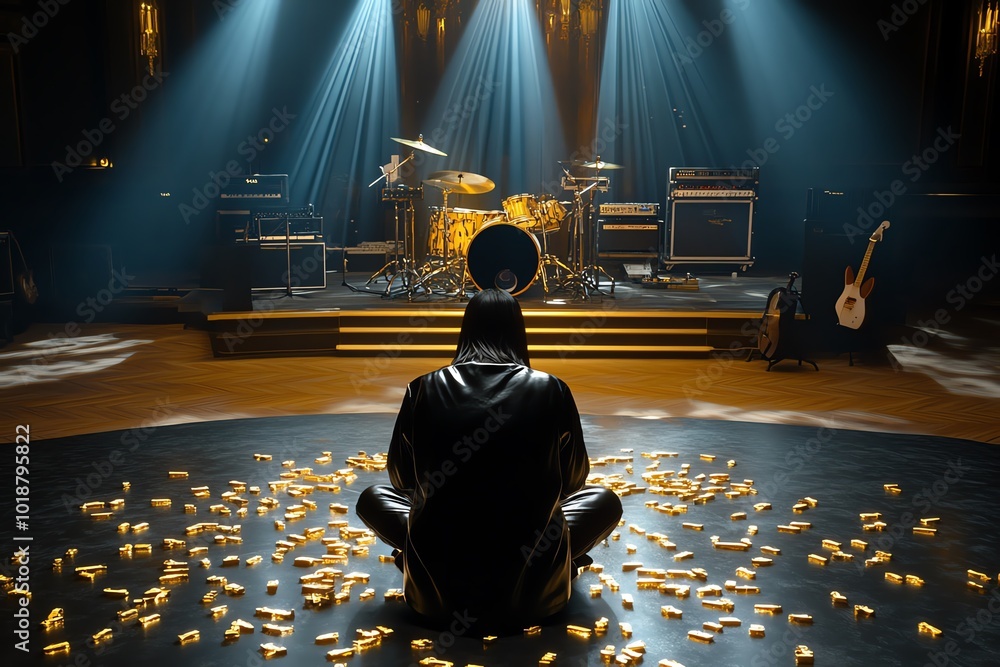 Realistic scene of a musician revisiting an old studio, where songs ...