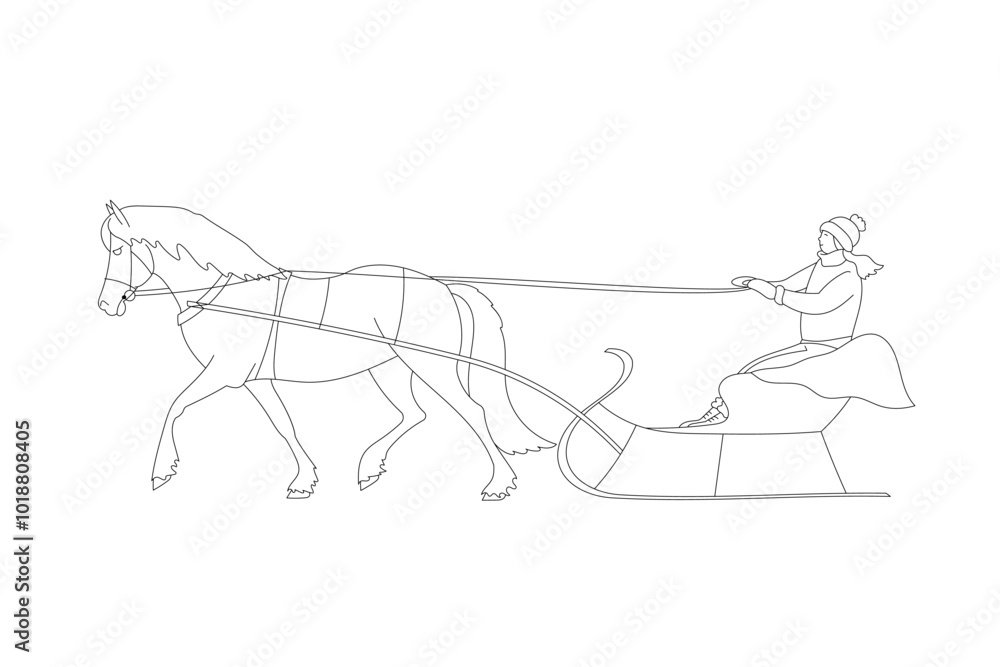 Outline drawing of a person riding a horse-drawn sleigh in winter ...