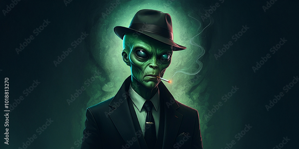 Alien in a Black Suit and Tie, Fedora Hat, Smoking a Cigarette ...