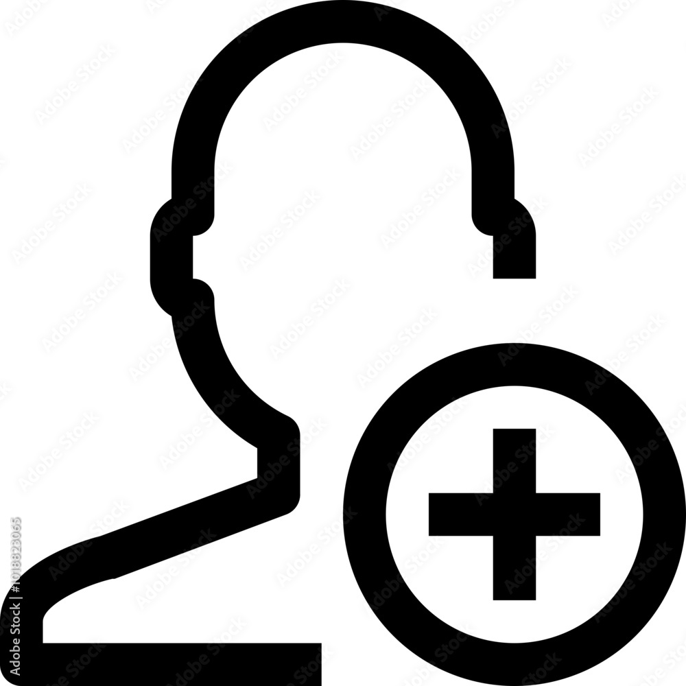 Black and white icon of a person with a plus sign, representing adding a new user or account ...