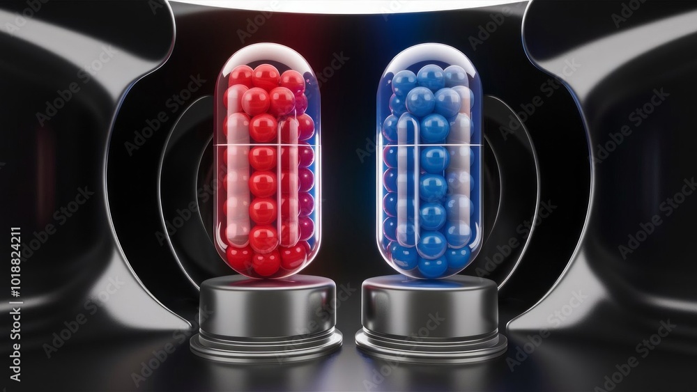 Two medical pills, red and blue drug gel capsules isolated on black ...