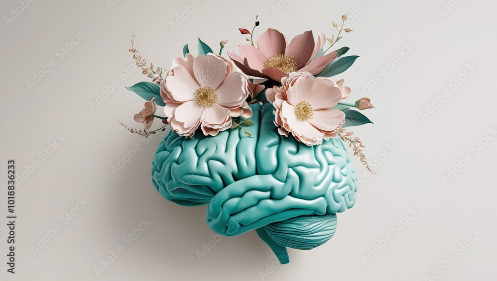 Human Brain 3D Model with Flowers against Clean Light Background ...