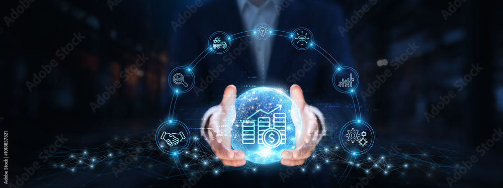 Supply Chain Management (SCM): Businessman hands hold global supply ...
