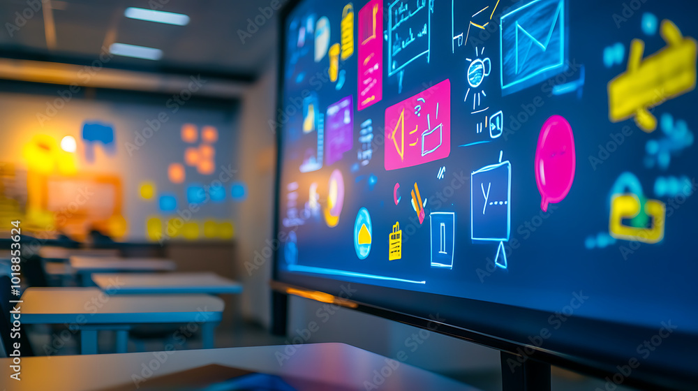 Interactive digital whiteboard in a modern classroom setting, with ...