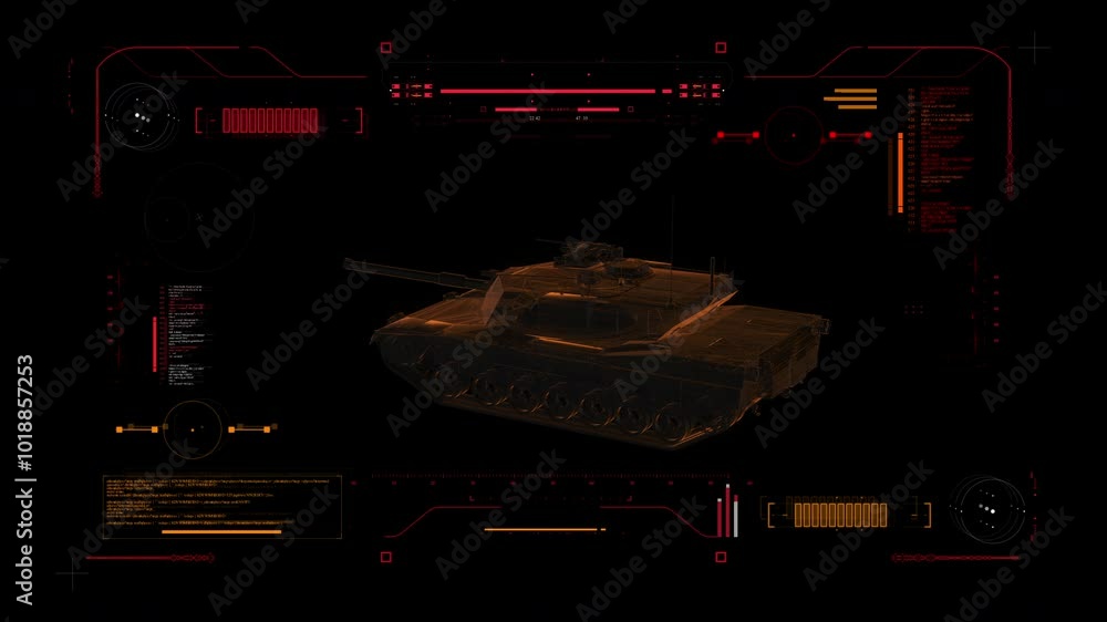 Digital Blueprint Scan of US Army Main Battle Tank M1 Abrams. Futuristic User Interface HUD ...