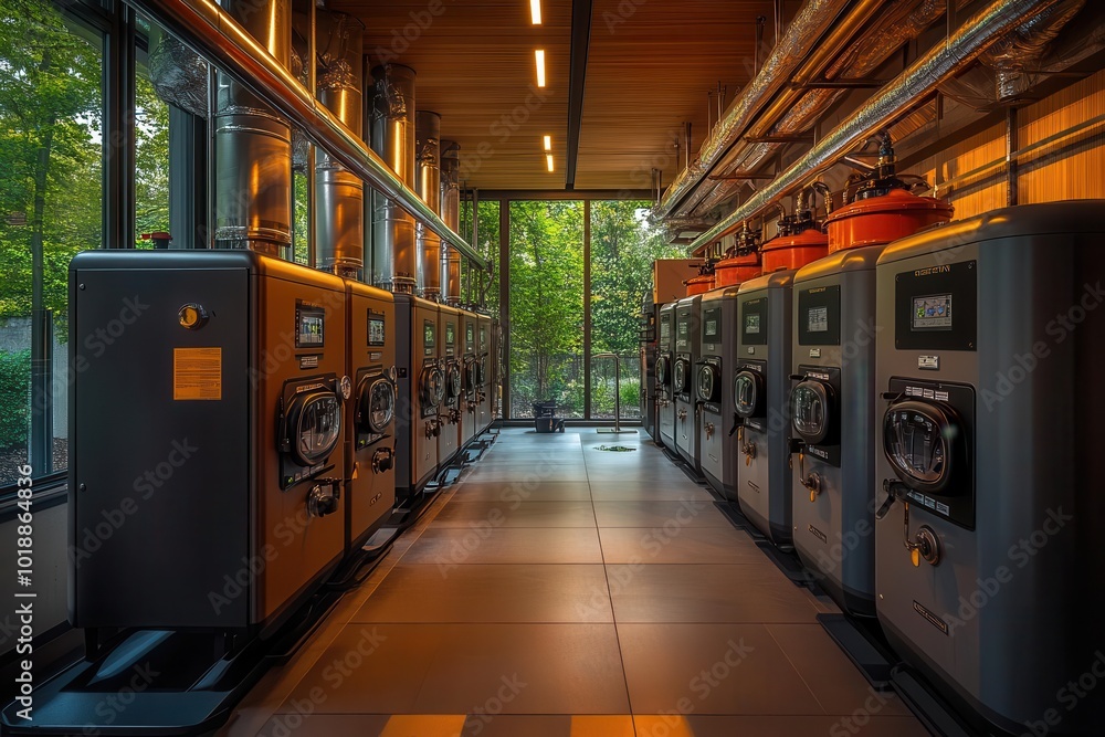 modern boiler room with sleek gas boilers and pipework industrial ...