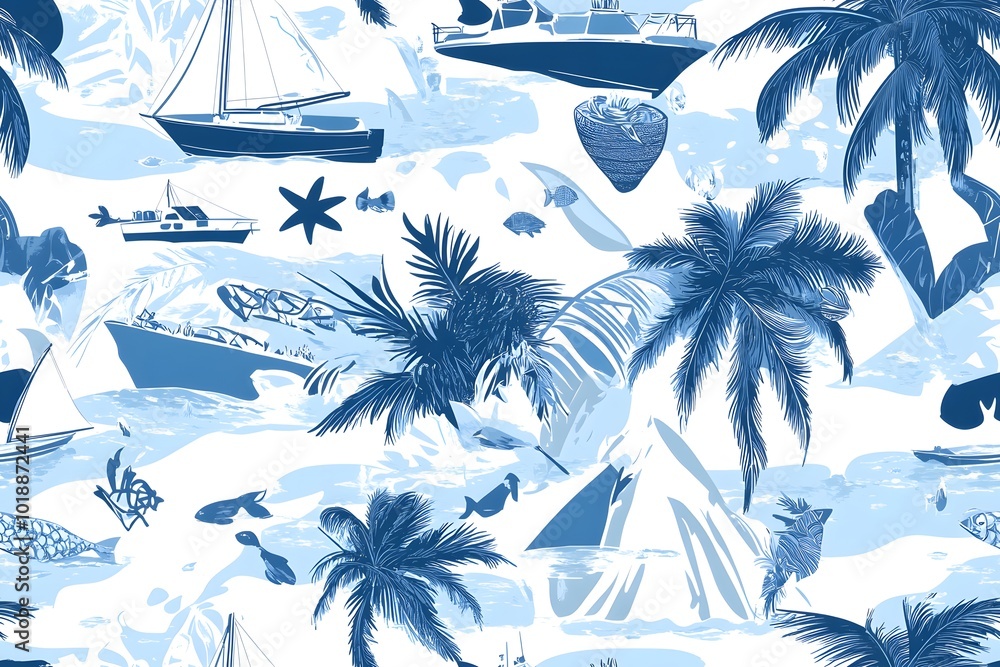 Tropical beach pattern with boats and palm trees seamless tiled Stock ...