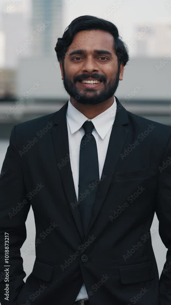 Portrait of indian boss standing outside wearing elegant suit with ...