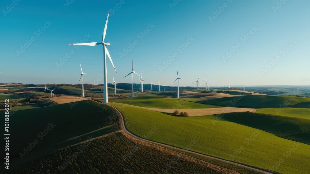 Expansive wind energy farm with rows of towering wind turbines ...