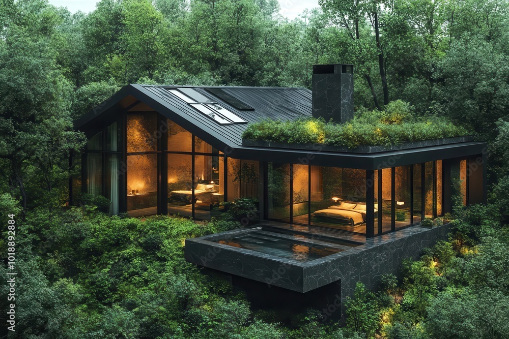 modern villa nestled amidst a lush green forest featuring a distinctive ...