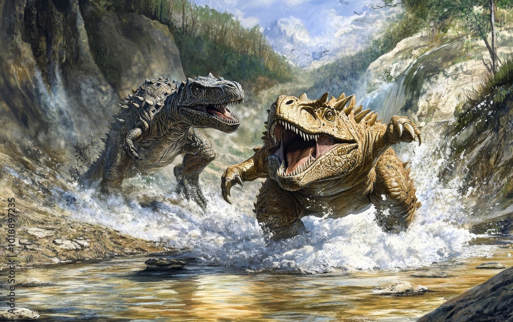 A primordial Ankylosaurus creature emerges from the misty, atmospheric ...