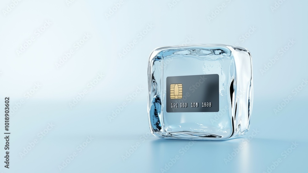 Credit card encased in a block of ice on a blue background with a ...