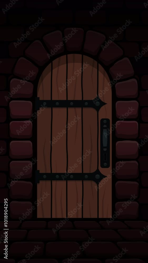 Old wooden doors in the stone wall of a medieval castle open one after ...