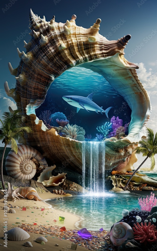 Colossal Ancient Seashell with Bioluminescent Shark, Shimmering ...