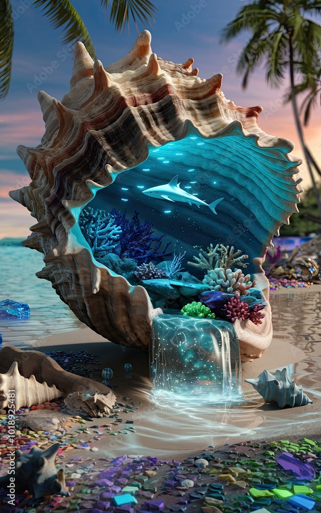 Colossal Ancient Seashell with Bioluminescent Shark, Shimmering ...