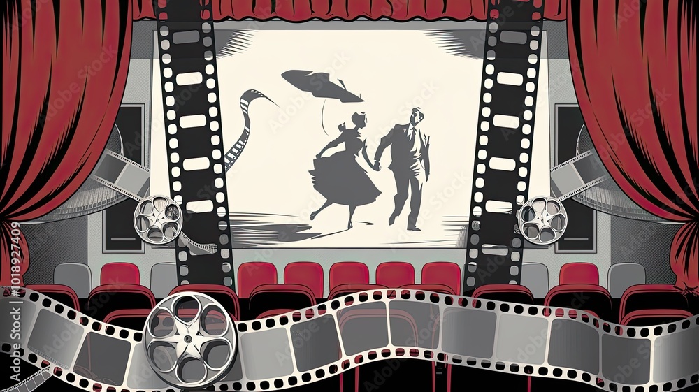 Vintage Film and Cinema-Themed Background with Red Curtains, Film ...