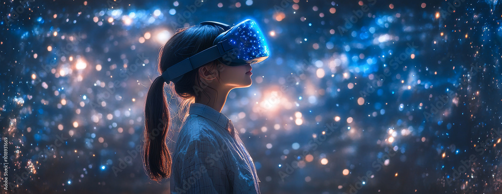 Exploring virtual worlds with VR headset at night. A young person ...