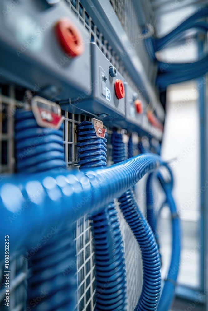 Close-up of blue and grey crisscrossed flexible air ducts in a modern ...