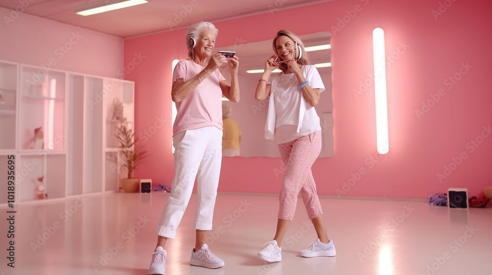 Adult women of different skin colors dance in an aerobic class. Old ...