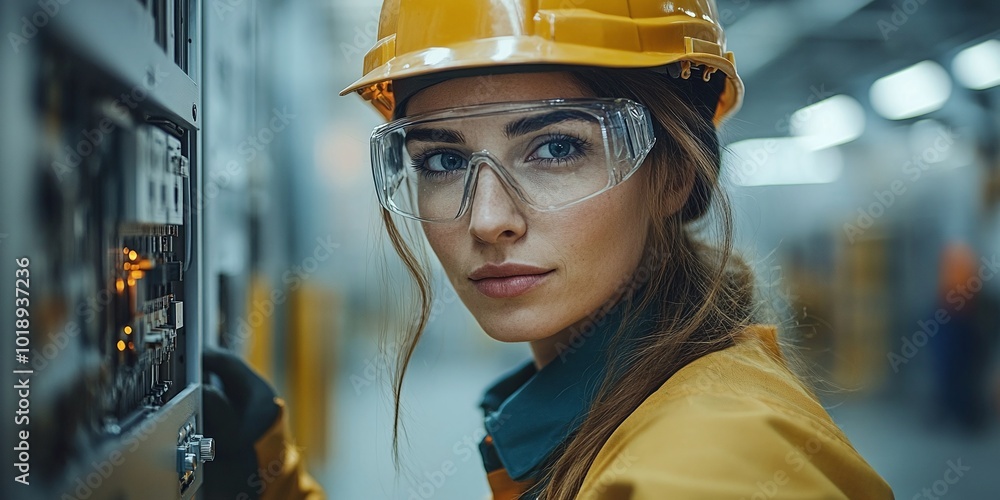 professional female electrician handling a fuse box installation with ...