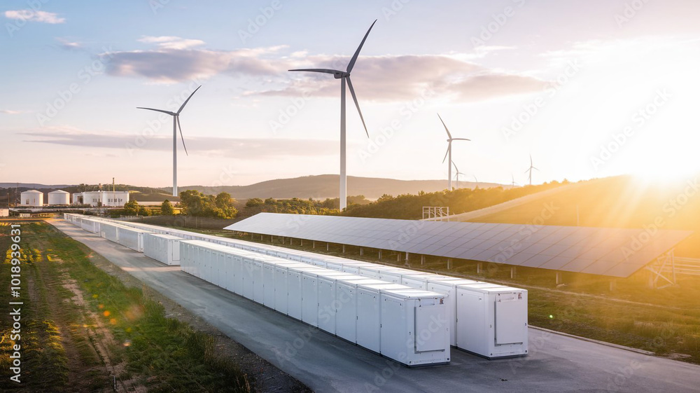Sustainable Energy Storage Wind Turbines Solar Panels and Battery ...