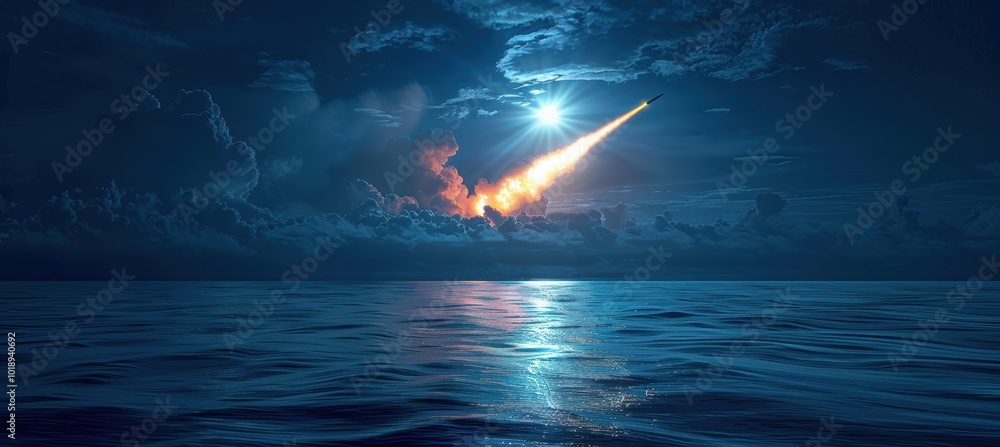 Naval Destroyer Night Launch: Missile Firing Illuminates Ocean Waters ...