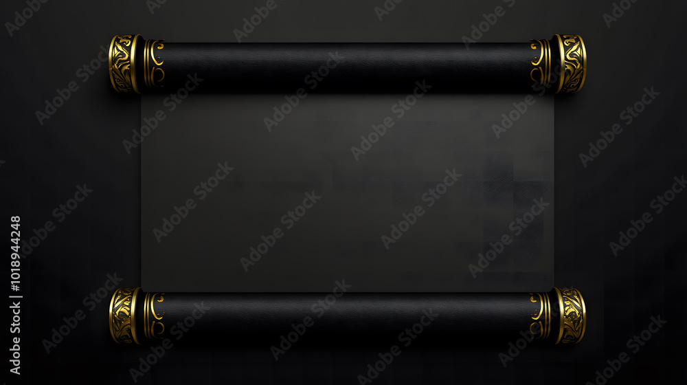 Black background design, top view of the scroll with golden edges and ...