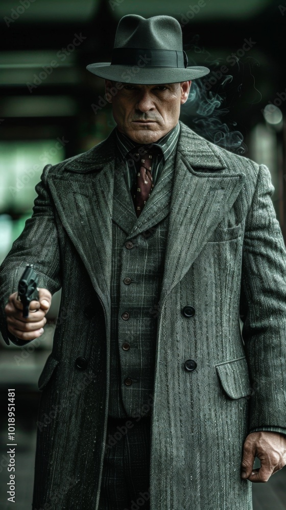 dapper man in vintage three-piece suit and fedora stands with imposing ...