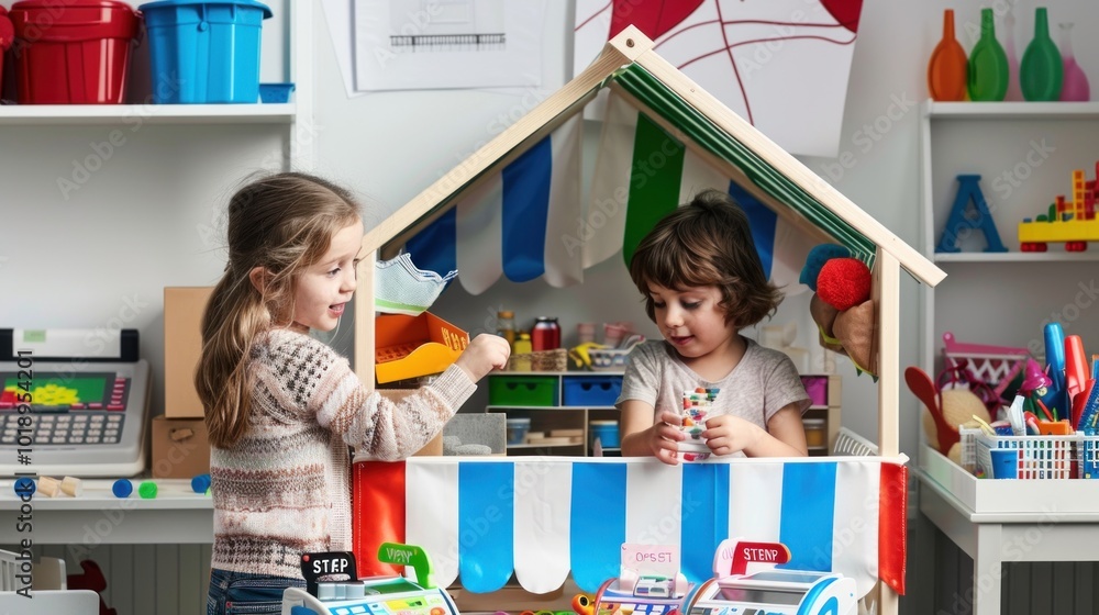 Caucasian boy and girl playing store with a toy cash register in a ...