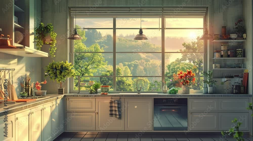 Modern kitchen with sleek design and large window overlooking a ...