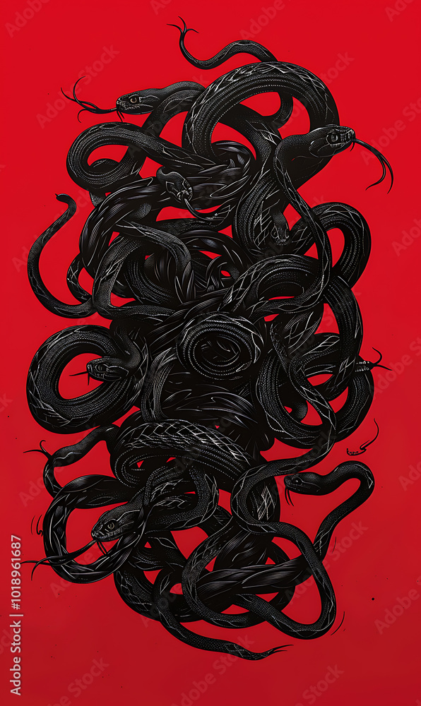 surreal snake knot, complex snake knot depicted in black on a red ...