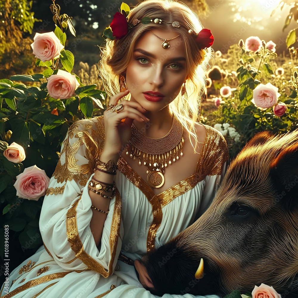 Freya, the Norse goddess of love and war, next to a resting wild boar ...