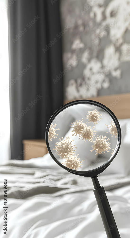 The magnifying glass shows bacteria on the bed. There's bacteria in the ...