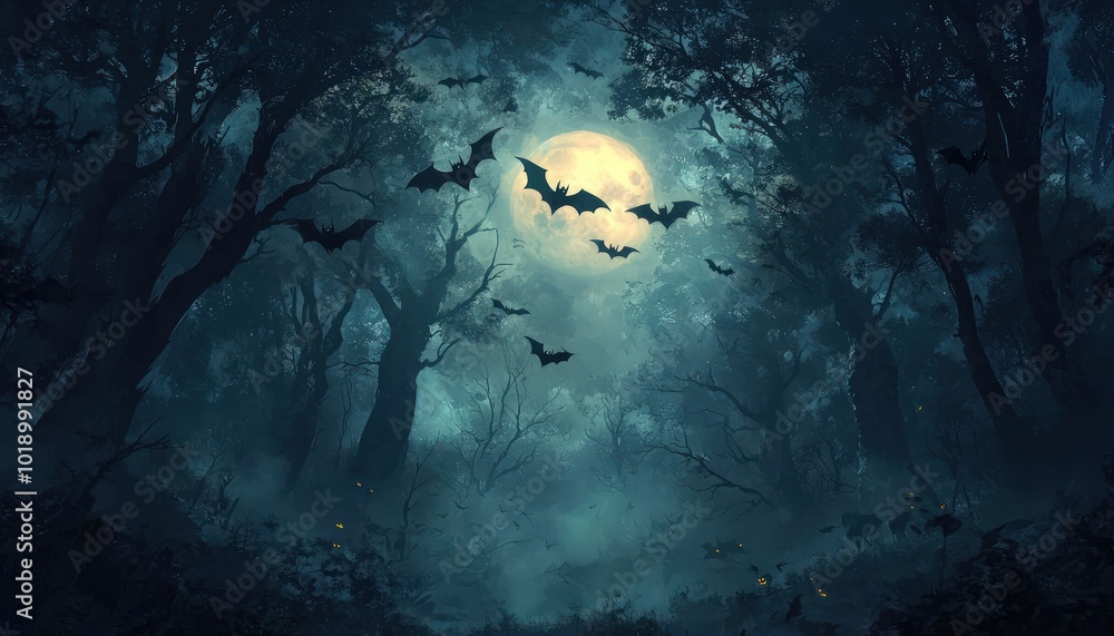 In the heart a haunted forest, bats flit through the night sky ...