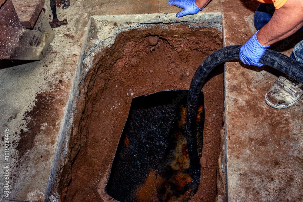 Worker decommissions an underground residential oil tank with a suction ...