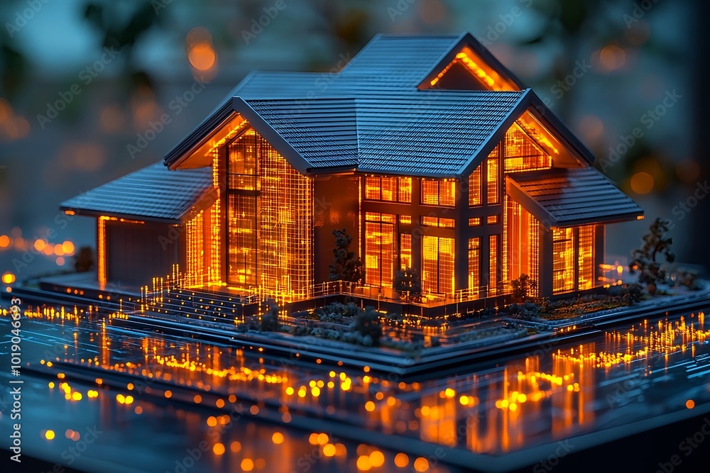 A detailed architectural model of a modern house, illuminated by warm ...