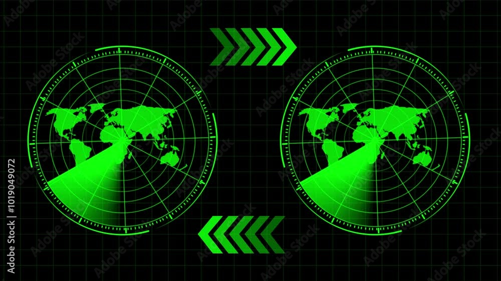 Animation of Digital radar with targets and world map on monitor ...