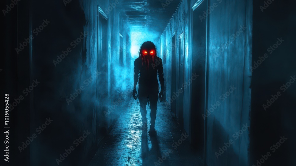 Demonic entity with glowing red eyes standing at the end of a dark ...