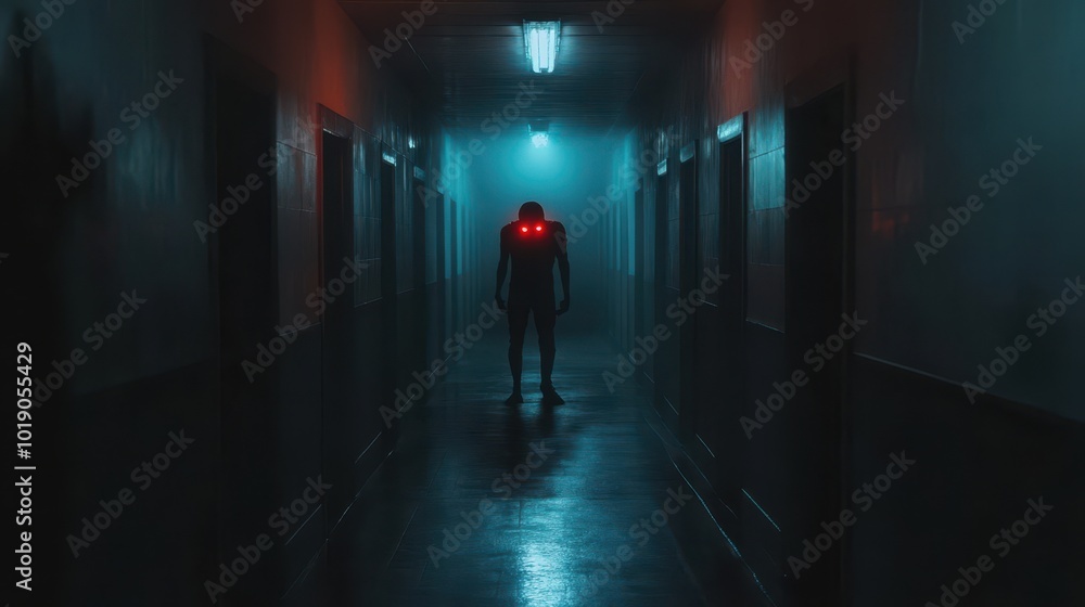 Demonic entity with glowing red eyes standing at the end of a dark ...