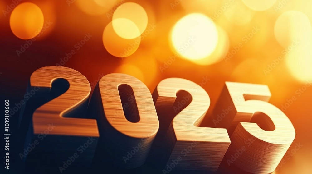 Wooden 2025 numbers in a dramatic close-up with warm, glowing light ...