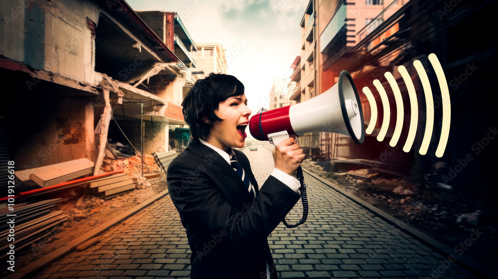 A person in a suit passionately shouting into a megaphone, surrounded ...
